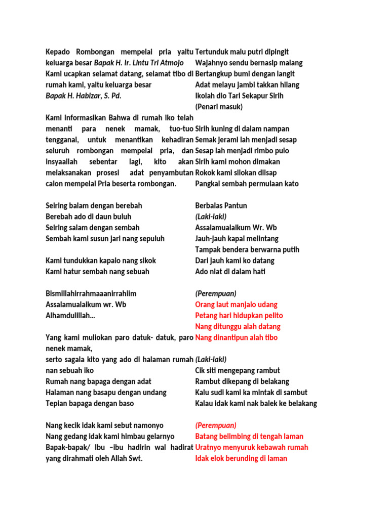 Script MC Penyambutan Mempelai Pria Adat Melayu Jambi | PDF