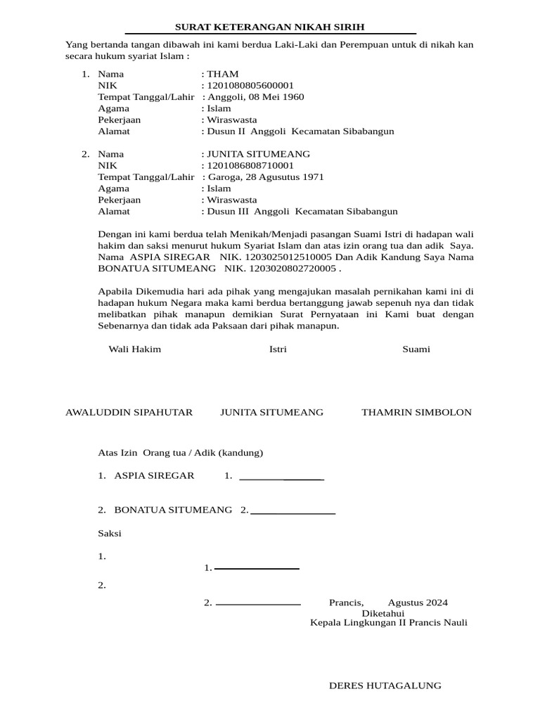 Surat Keterangan Nikah Sirih | PDF