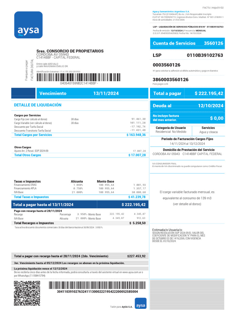 05 Factura AySA noviembre 2024 | PDF | Impuesto al valor agregado | Impuestos