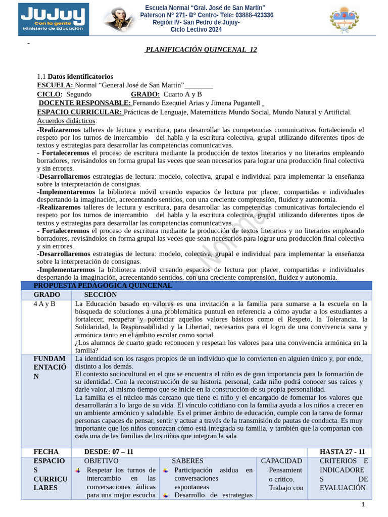 Planificación Quincenal 4° Grado 2024 | PDF | Aprendizaje