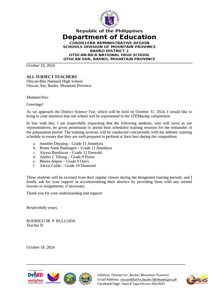 Letter To ALL Subject Teachers | PDF | Learning