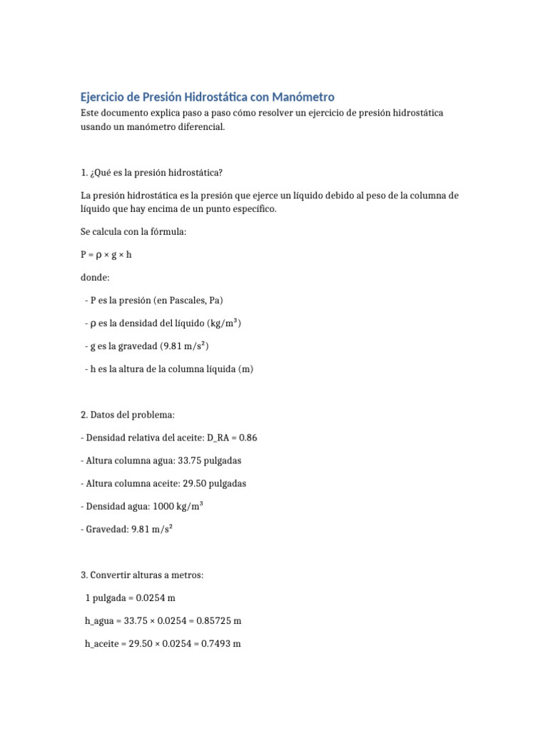 Ejercicio Presion Hidrostatica Manometro | PDF