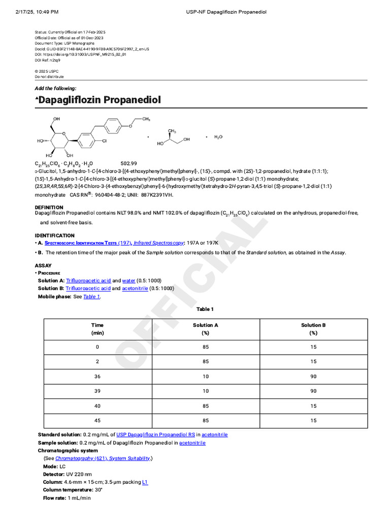 Dapagliflozin Propanediol USP Monograph | PDF | Chemistry | Laboratories