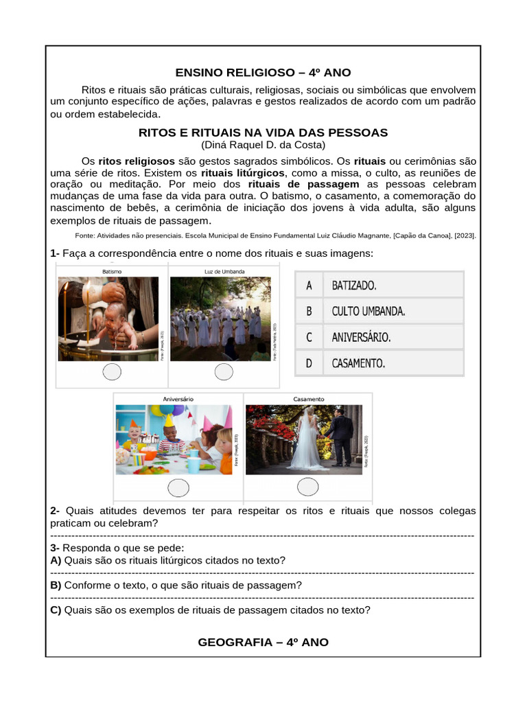 Ritos Religiosos no 4º Ano | PDF | Rituais | Liturgia
