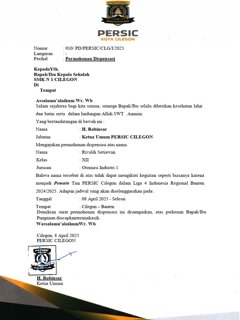 Surat Izin Dispen Rivakdi | PDF
