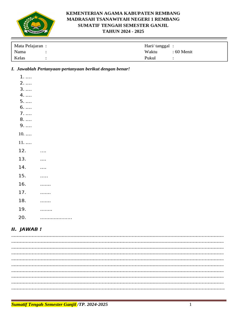 FORMAT SOAL STS GANJIL 2024 Selain MTK & IPA | PDF