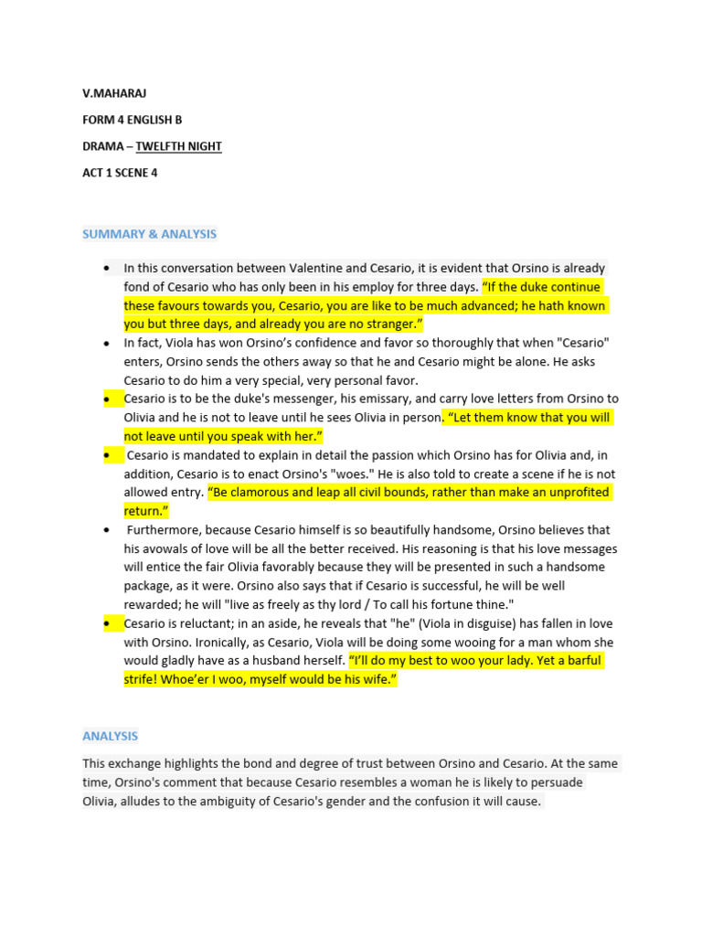 Twelfth Night - Act 1 SC 4 | PDF | Twelfth Night