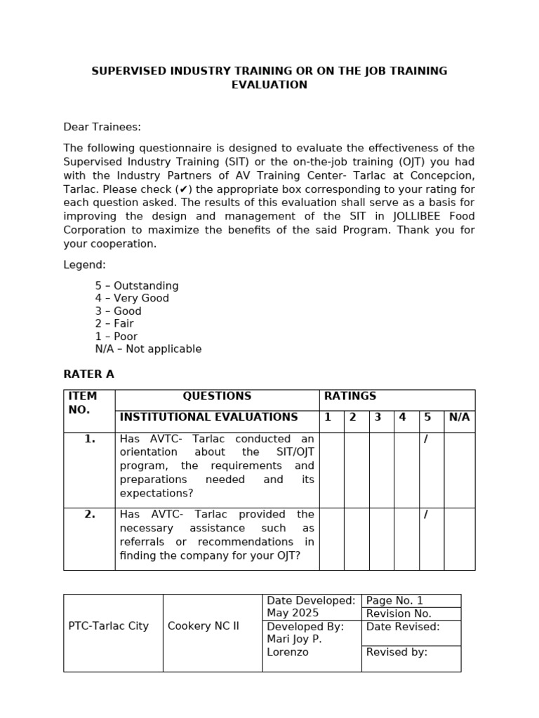 Supervised Industry Training or On The Job Training Evaluation | PDF ...