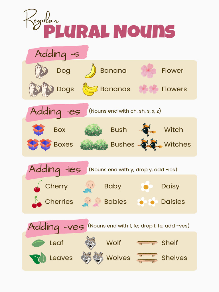 Regular Plural Nouns Rules English Poster in Illustrative Style | PDF
