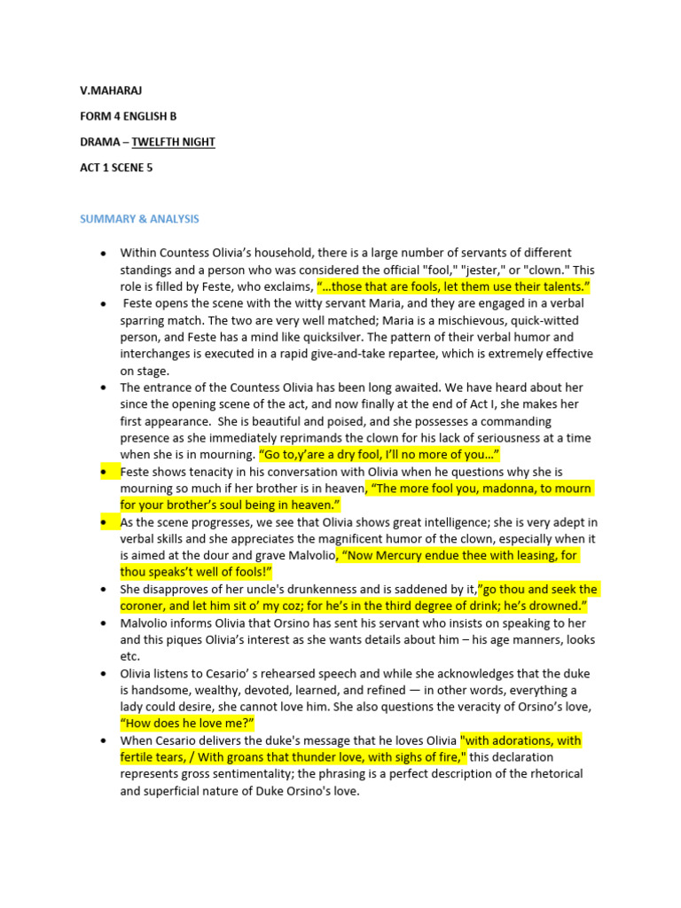Twelfth Night - Act 1 SC 5 | PDF | Twelfth Night