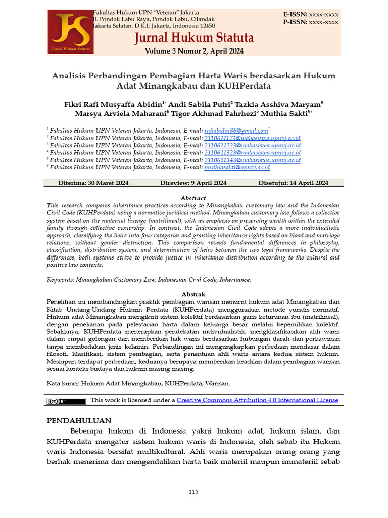 Analisis+Perbandingan+Pembagian+Harta+Waris+berdasarkan+Hukum+Adat+Minangkabau+dan+KUHPerdata | PDF