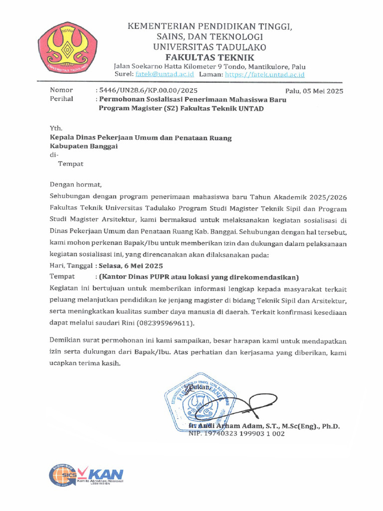 2025-05-05-Surat Sosialisasi Penerimaan Mahasiswa Baru Dinas PUPR' | PDF