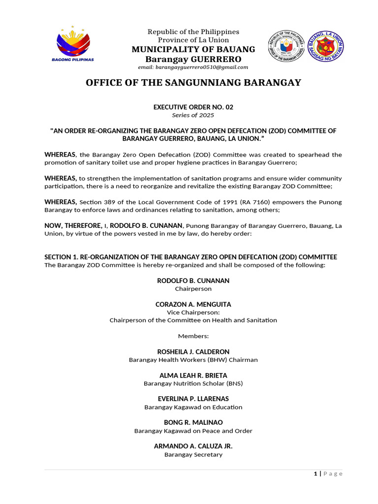 Eo 001-2025 Zero Defecation Organization | PDF | Sanitation | Hygiene