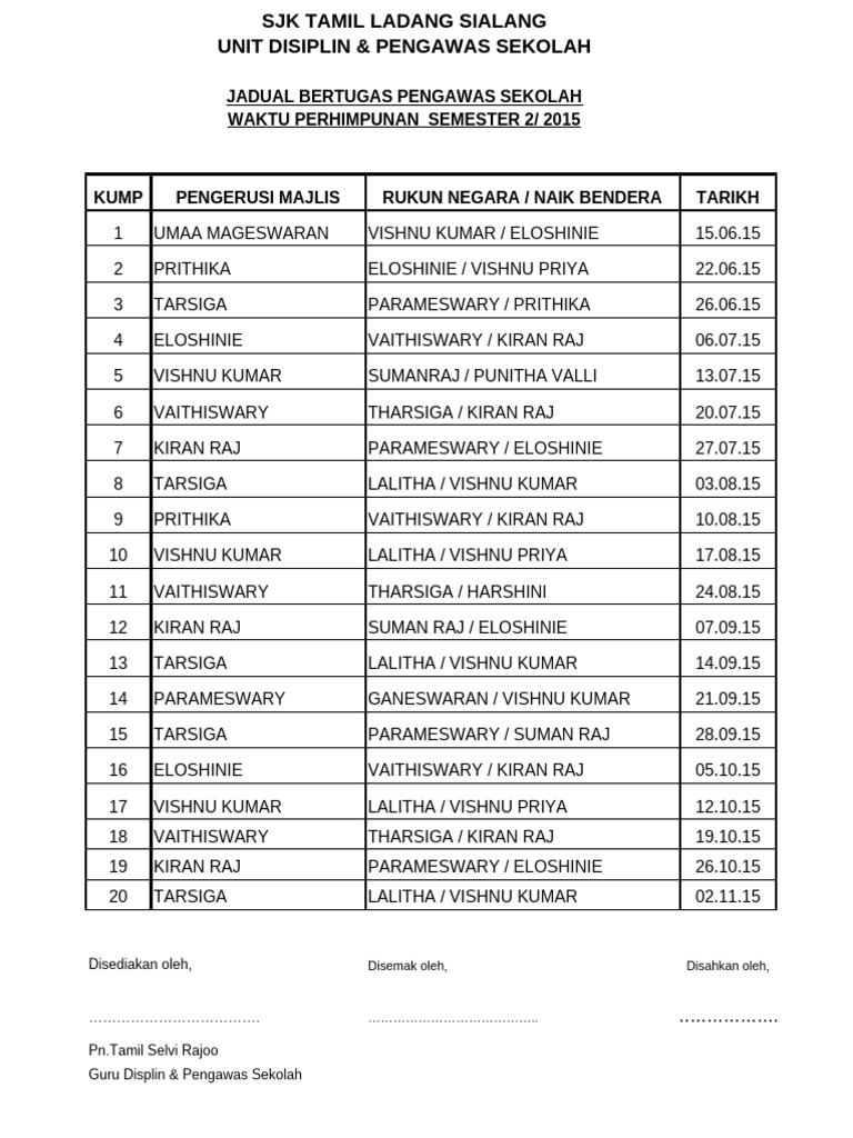 Jadual Tugas Pengawas | PDF