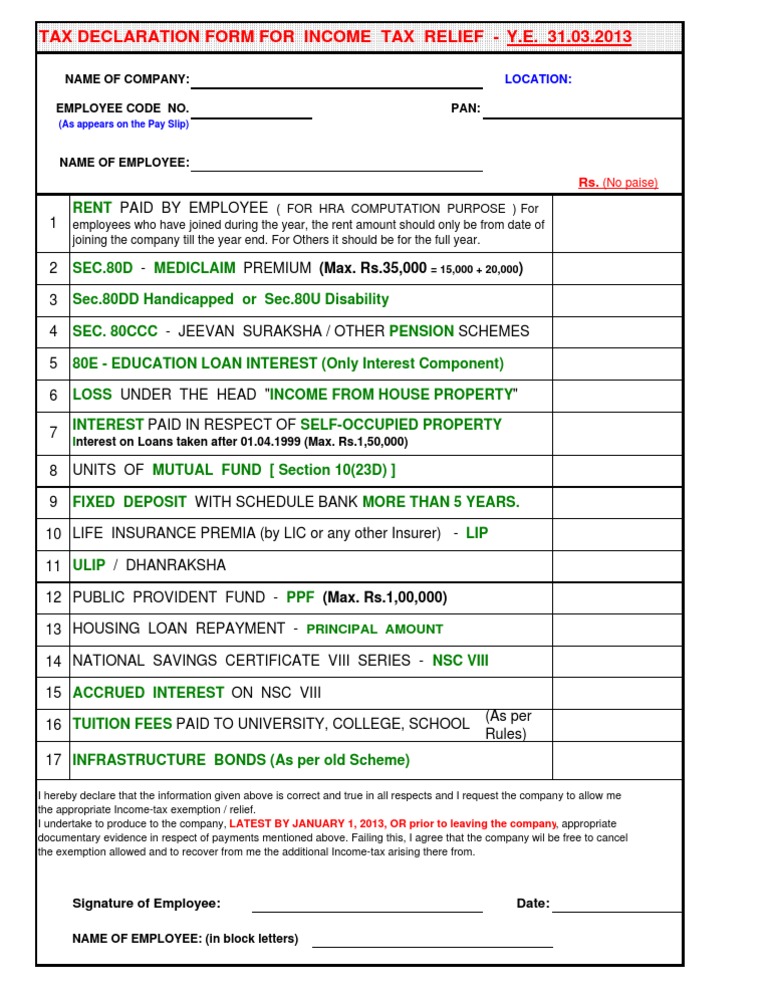 Tax Declaration Form For Tax Relief Form - Ye 31.03.2013 - All | PDF ...