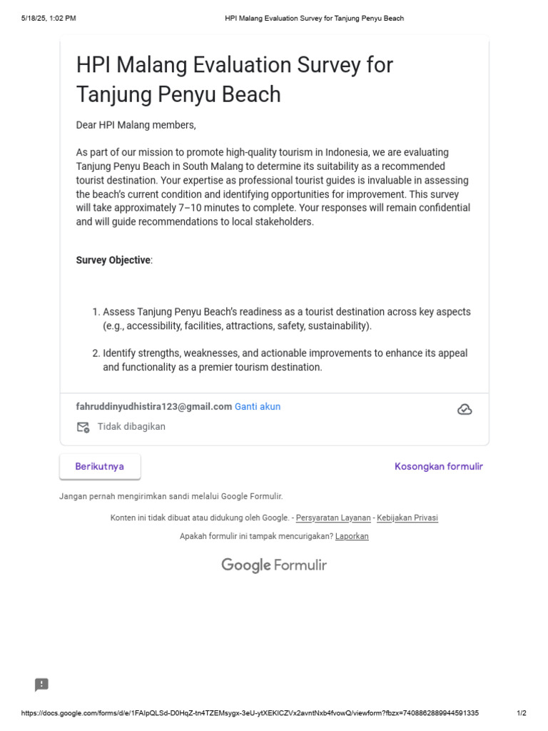 HPI Malang Evaluation Survey For Tanjung Penyu Beach 1 | PDF