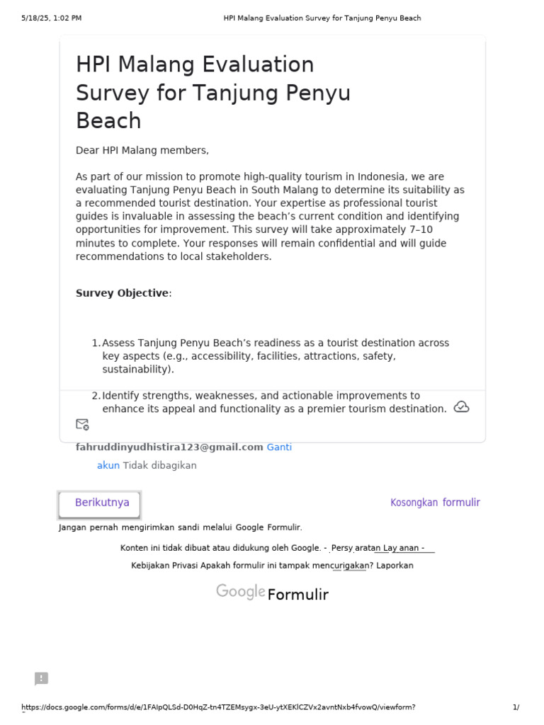 HPI Malang Evaluation Survey For Tanjung Penyu Beach 1 | PDF