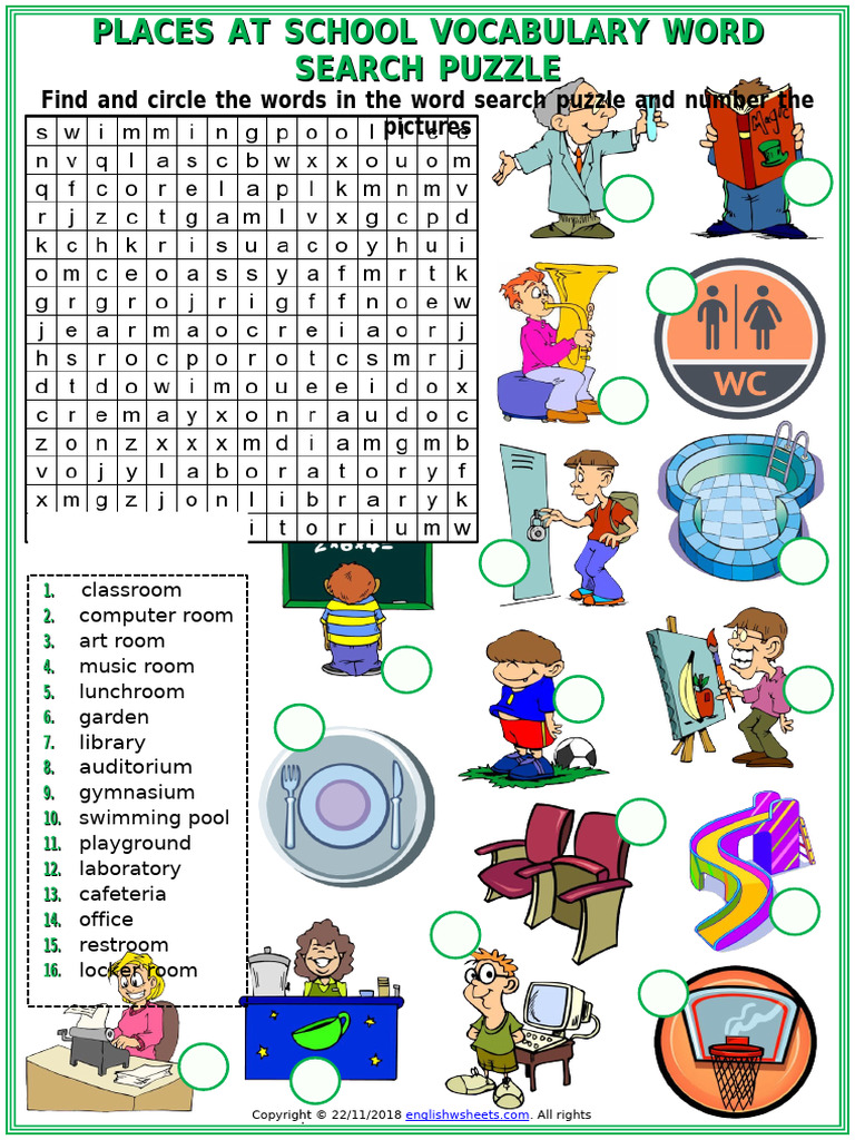 Places at School Vocabulary Esl Word Search Puzzle Worksheet For Kids | PDF