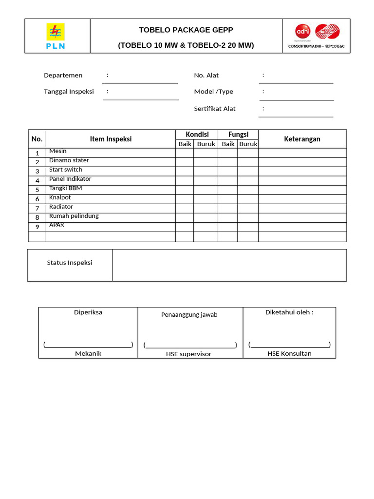 Checklist Inspeksi - Generator | PDF