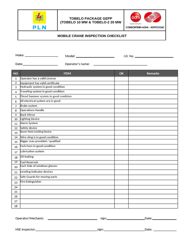 Checklist Inspeksi - Crane | PDF