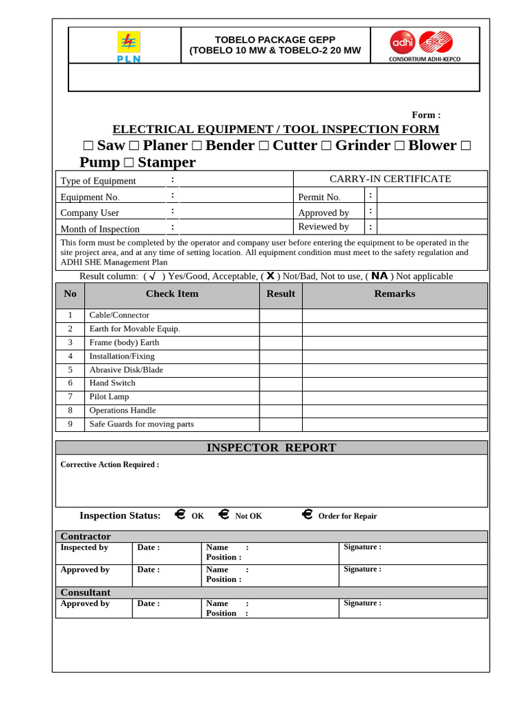Equipment Inspection Form for TOBELO Package | PDF