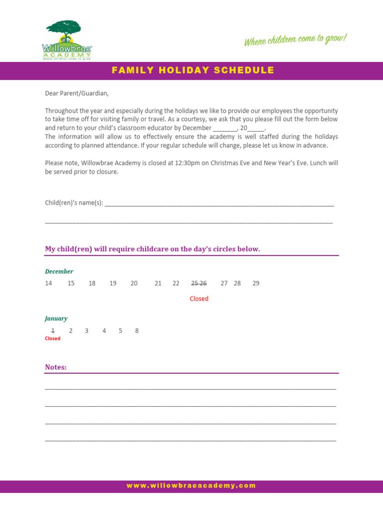 Family Holiday Schedule 1 | PDF