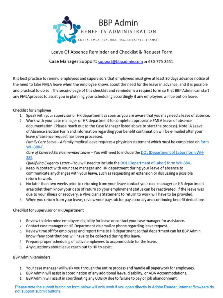 FMLA Leave Request Checklist & Form | PDF | Family And Medical Leave ...