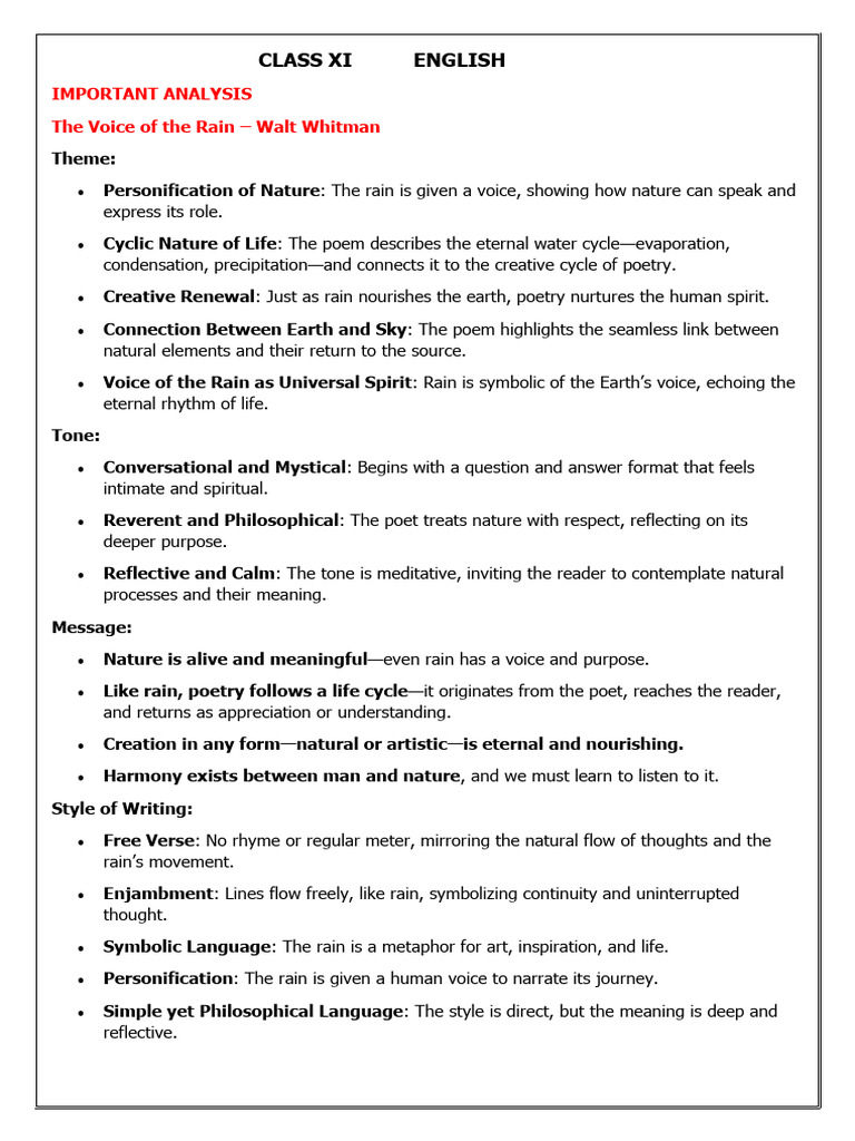 Class Xi English Voice of The Rain Imp Analysis | PDF | Poetry