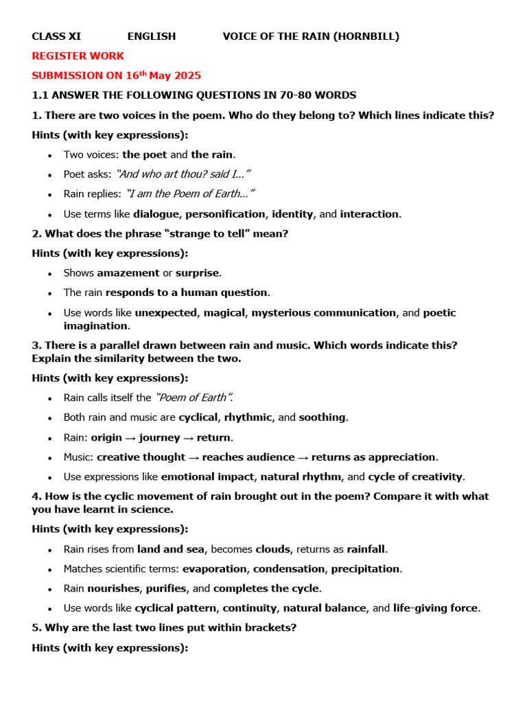 Class Xi Englishvoice of The Rain Register Work | PDF