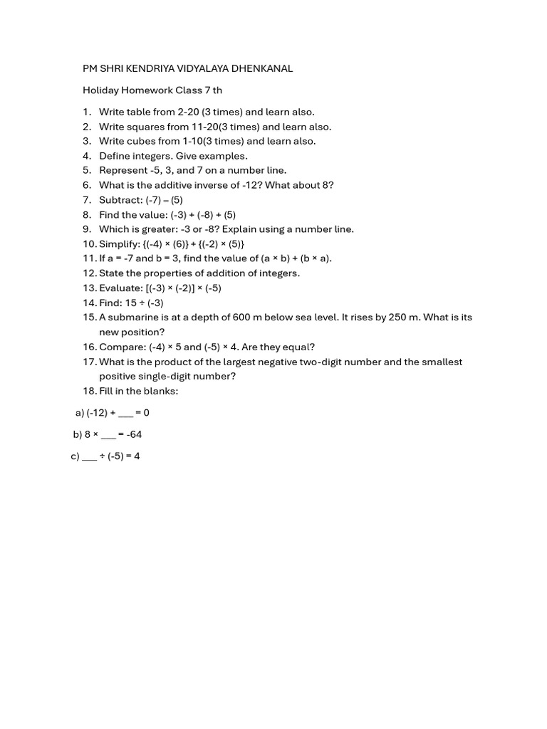 Class Vii Maths Holiday Homework | PDF
