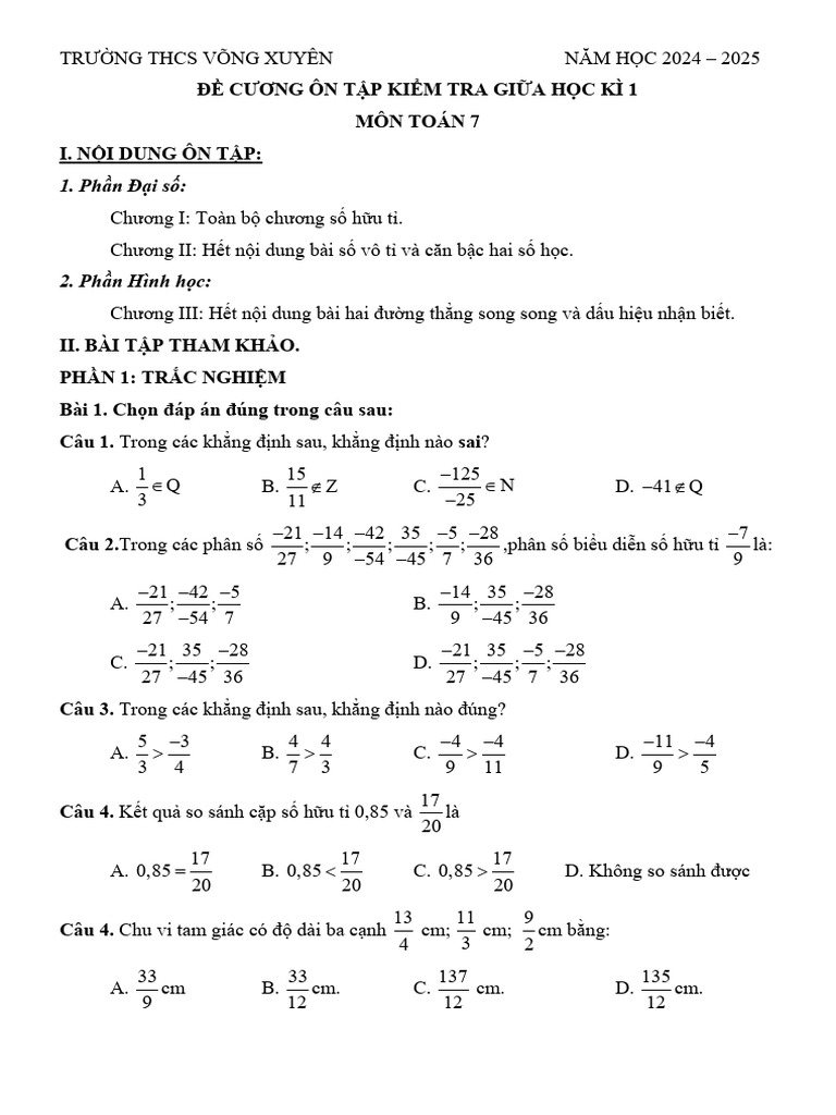 De Cuong Giua Hoc Ki 1 Toan 7 Nam 2024 2025 Truong Thcs Vong Xuyen Ha Noi (1) | PDF