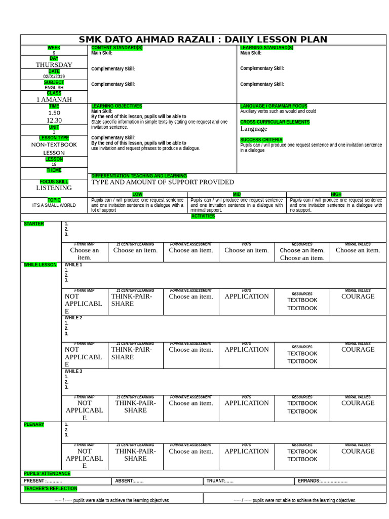 English Lesson Plan for Class 1 Amanah | PDF | Subject (Grammar ...