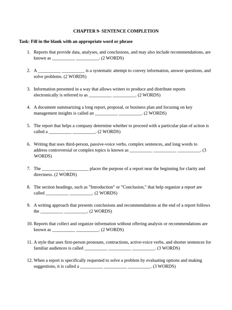 Chapter 9- Practice on sentence completion | PDF | Information ...