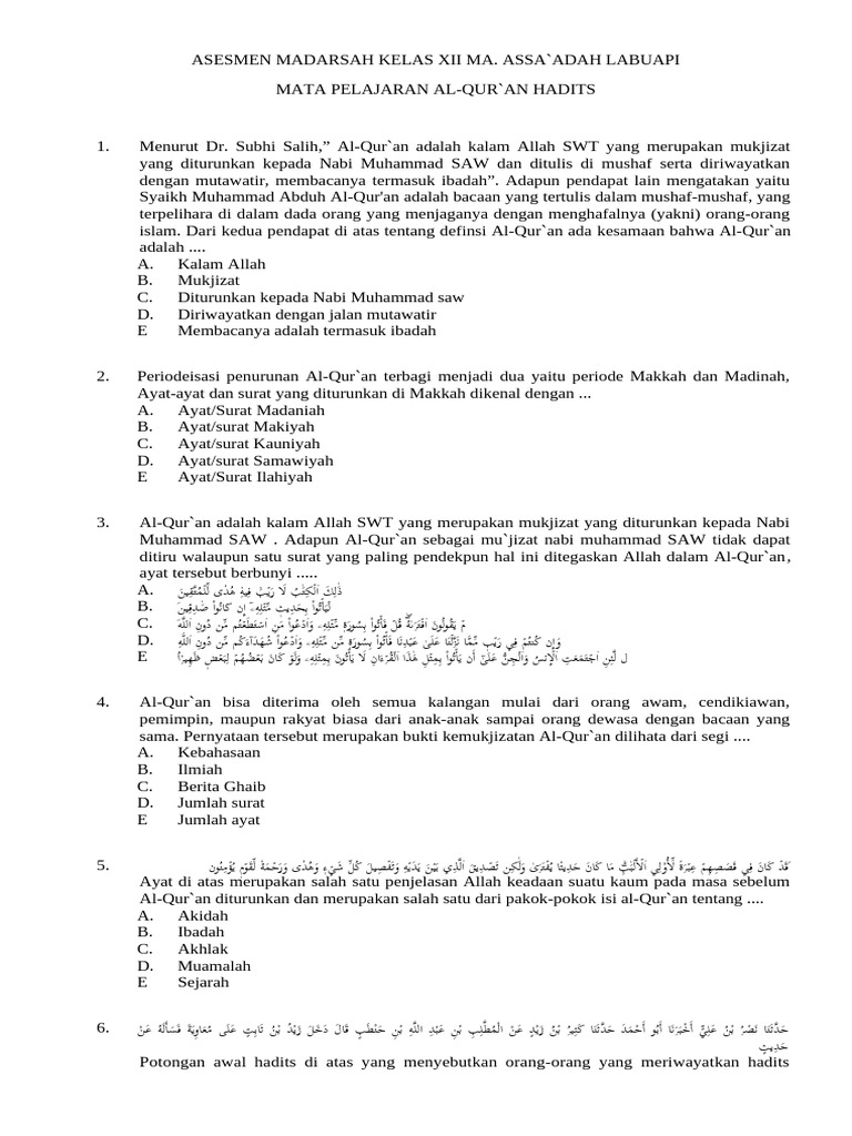 SOAL ASESMEN MADRASAH 2024 ASSA`ADAH | PDF