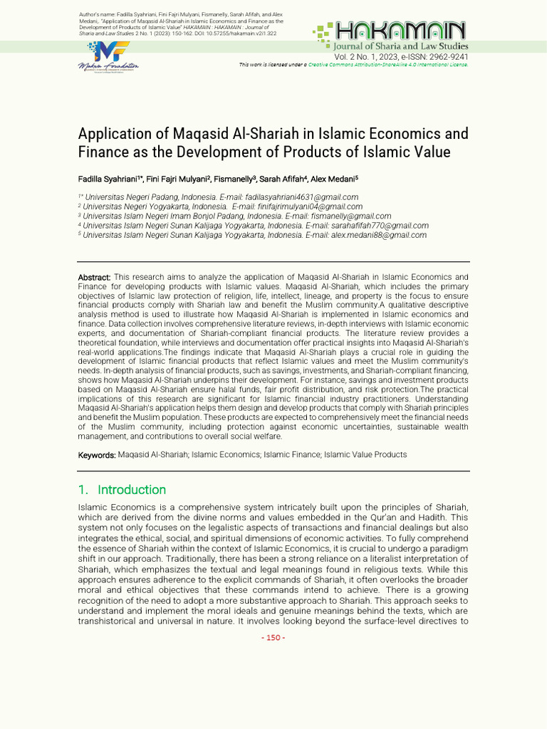 Application of Maqasid Al-Shariah in Islamic Economics and Finance As The Development of ...