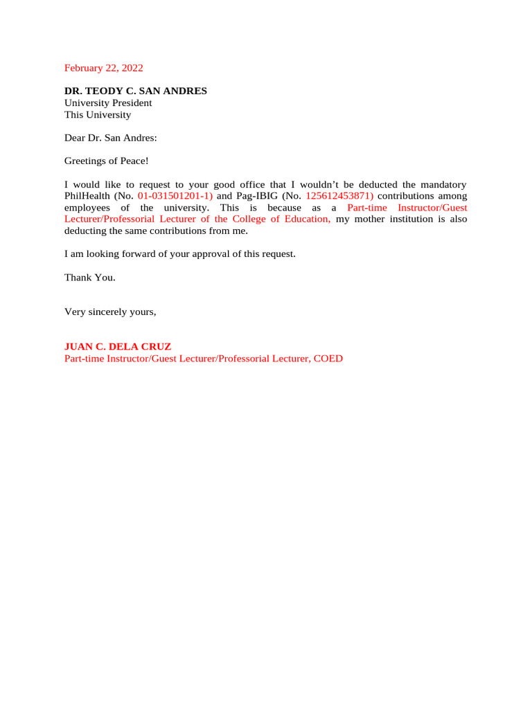 Sample Letter For Non Deduction of Philhealth and Pagibig | PDF