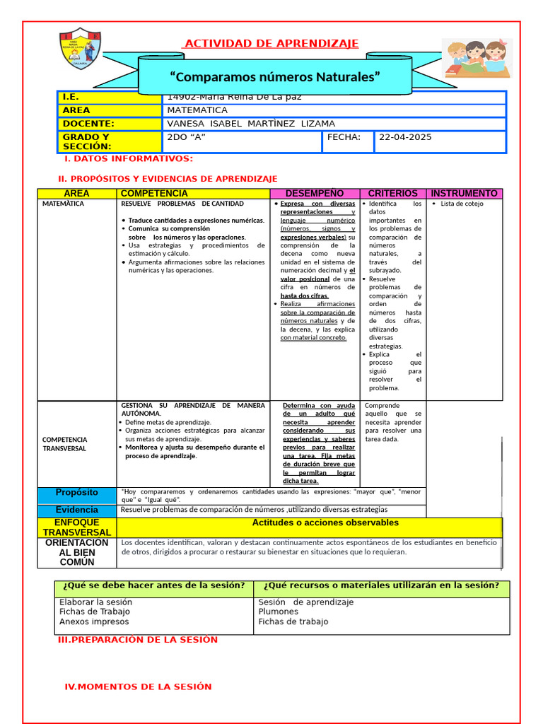 Sesion Matematica 22 de Abril Comparamos Números Naturales | PDF | Aprendizaje | Matemáticas