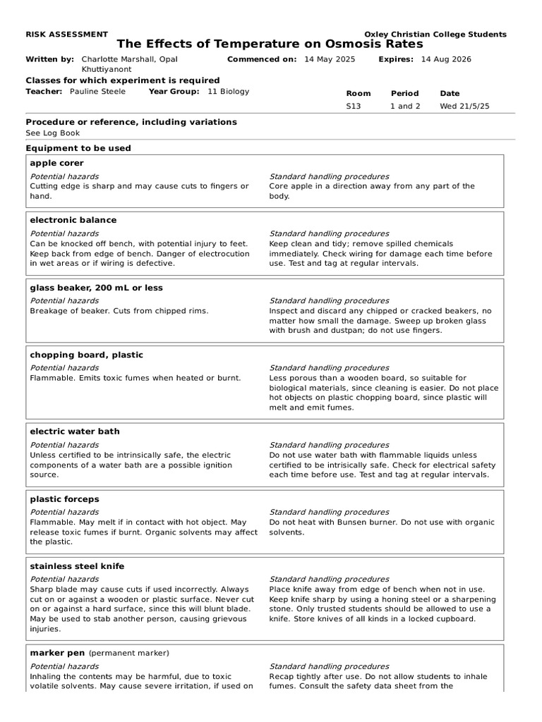 RiskAssess - Risk Assessments For Schools | PDF | Knife | Blade