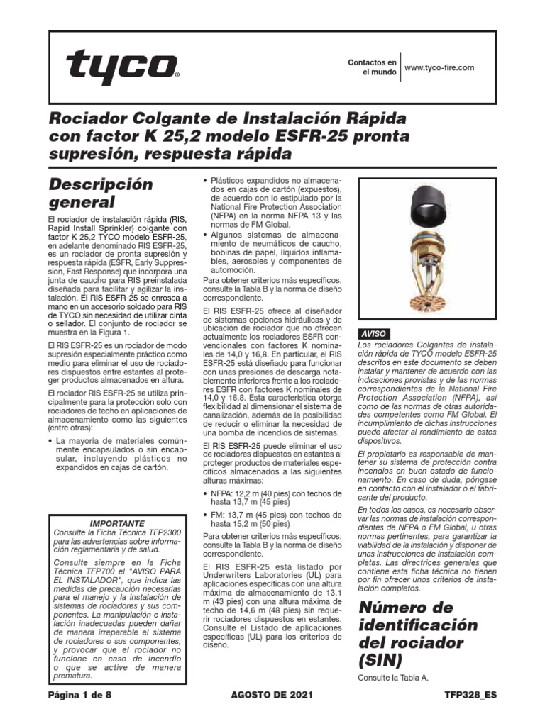 Rociador Colgante TYCO ESFR-25 | PDF | Sistema de rociadores contra ...