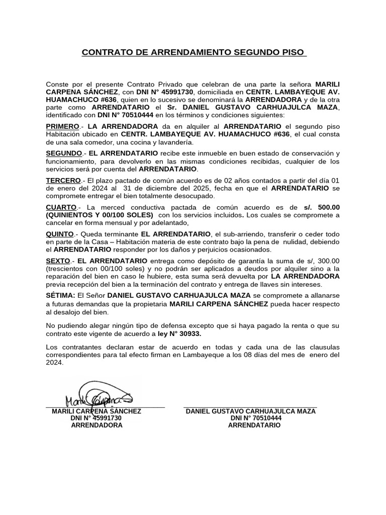 Contrato de Arrendamiento Segundo Piso Chicho Lambayeque | PDF