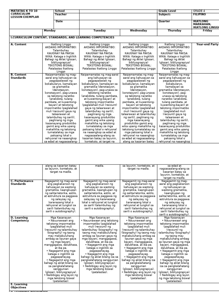 Grade 4-q3w3 (Matatag DLL) - Filipino | PDF