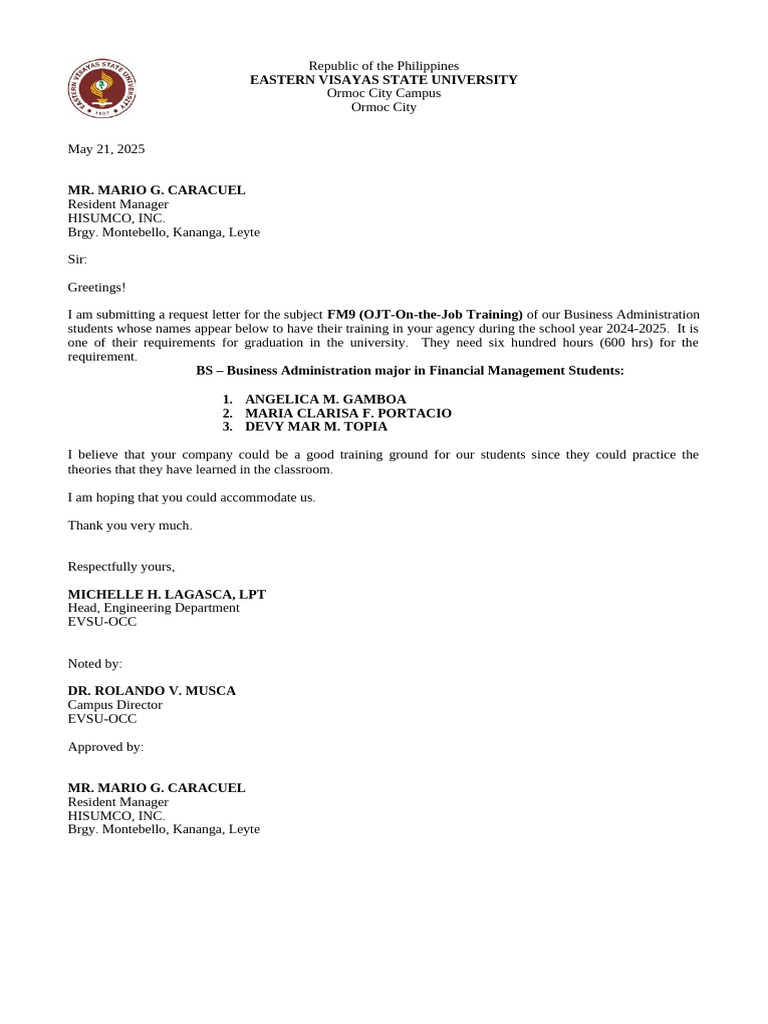 Group Letter of Request Sa OJT | PDF