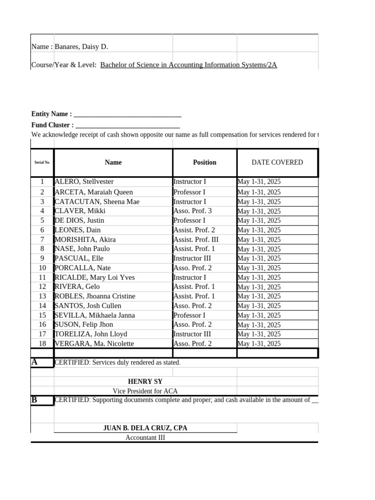 Payroll-Exercise-1 Banares, Daisy D. Bsais-2a | PDF | Payroll | Income