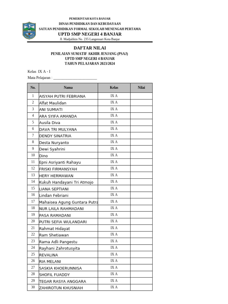 Daftar Nilai Ujian Sekolah Kelas 9f-I | PDF