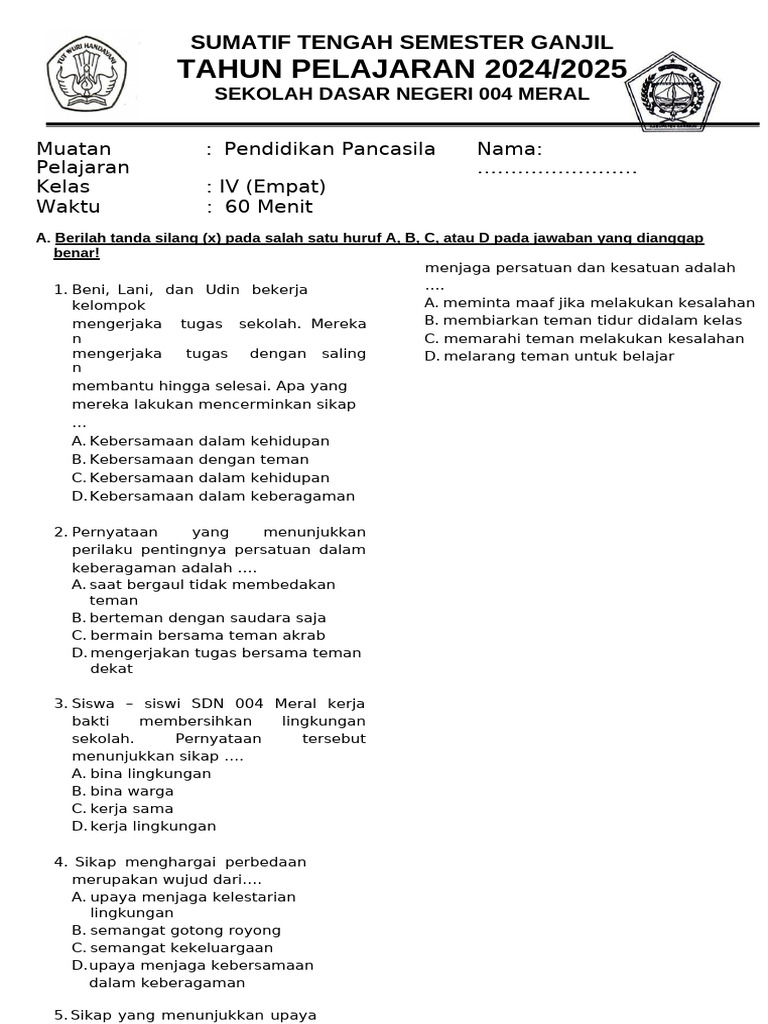 SOAL STS Ganjil PPKN Kls4 2023 | PDF