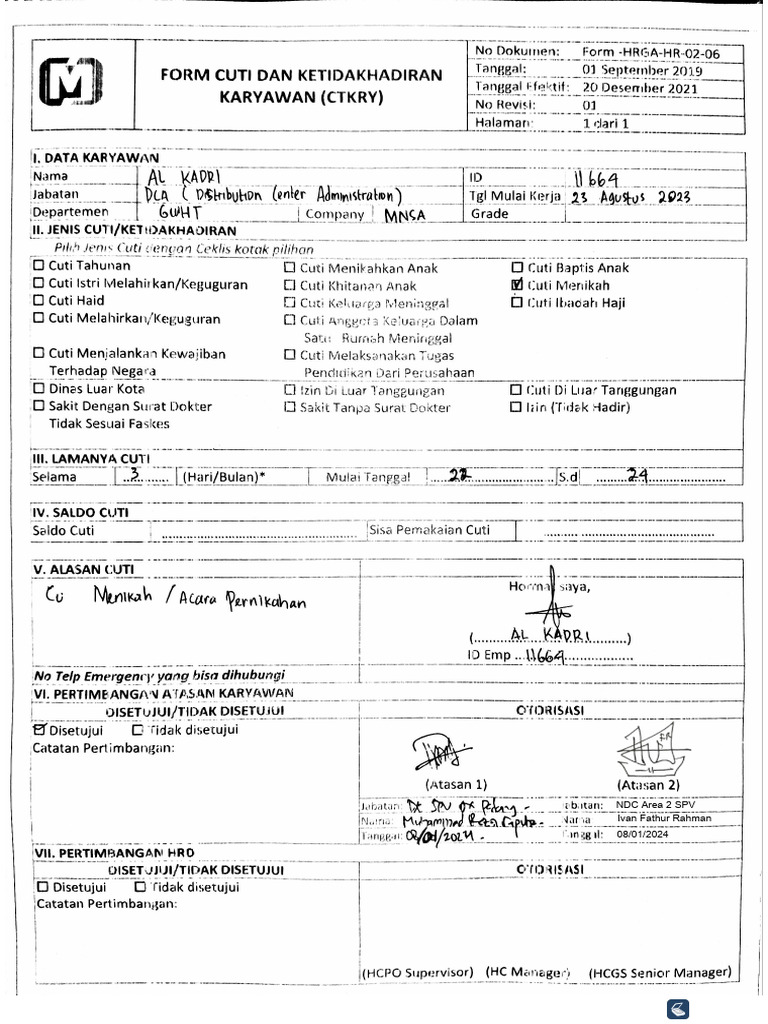 Form Cuti Nikah Admin Logistik M304 - Approved | PDF