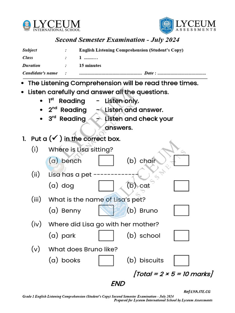 Grade 1 Listening Comprehension Exam | PDF