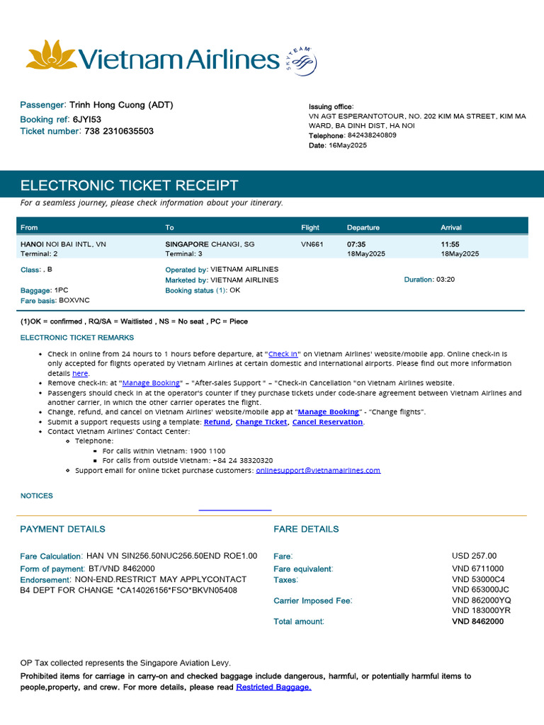 Vietnam Airlines Electronic Ticket Receipt | PDF | Aviation
