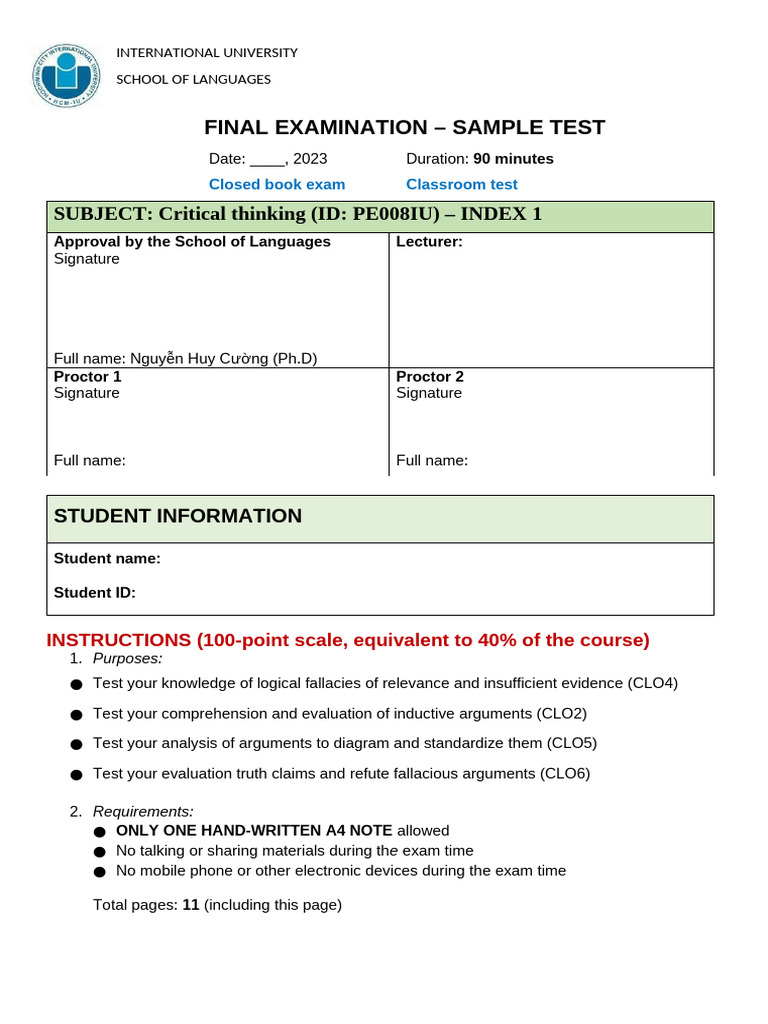 Critical Thinking - Sample Test For Final Exam 2 | PDF | Argument | Fallacy