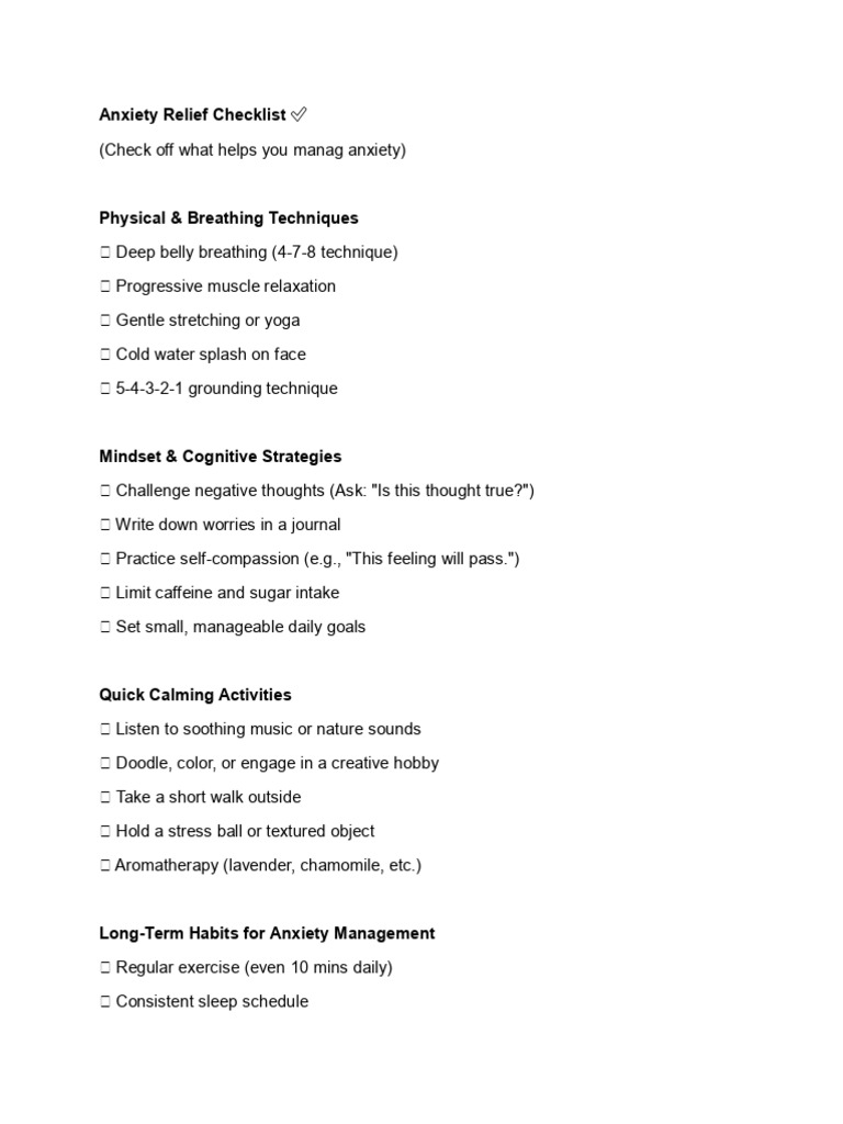 Anxiety Relief Checklist | PDF